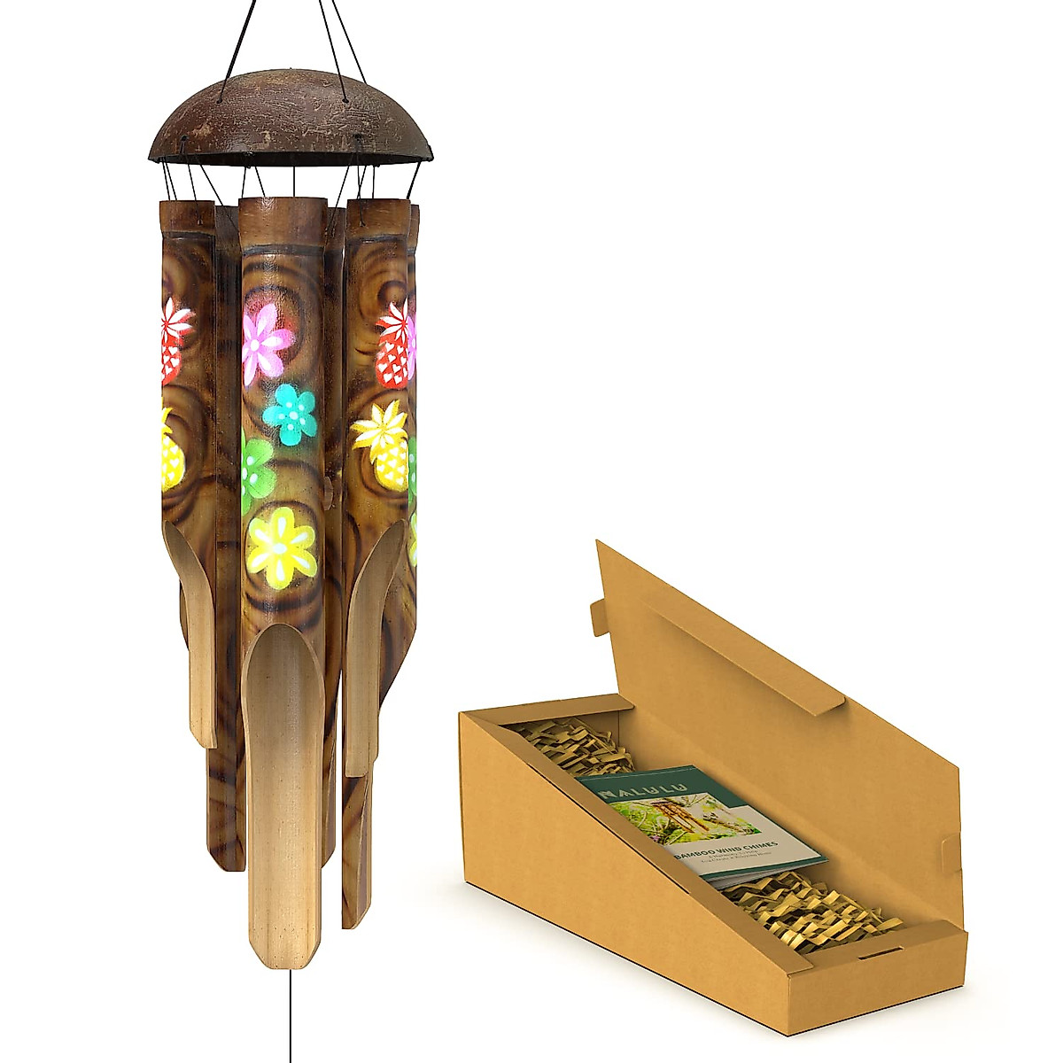 Nalulu Piney Bamboo Wind Chimes - Outdoor Wood Wooden Windchimes, Tropical Design with Coconut Crown, Handcrafted with Calming Deep Tones, Ideal Home Decor or Gift for Any Occasion