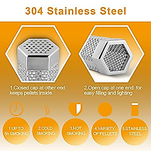 Hexagon Pellet Smoker Tube,12 inch Stainless Steel BBQ Wood Pellet Tube Smoker for Cold/Hot Smoking,5 Hours of Billowing Smoke-for Any Grill or Smoker,with 2 S Shape Hooks+1 Cleaning Brush.