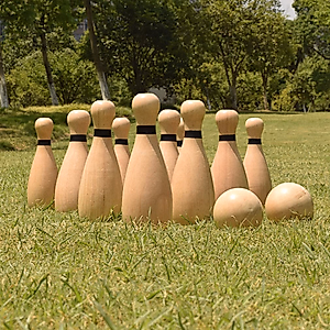 NI-ROU Outdoor Giant Lawn Bowling Games Wooden Lawn Set Fun Sports Games Outside or Indoor for Family Adults and Kids Backyard Skittles Carrying Bag with 10 Pins and 2 Balls