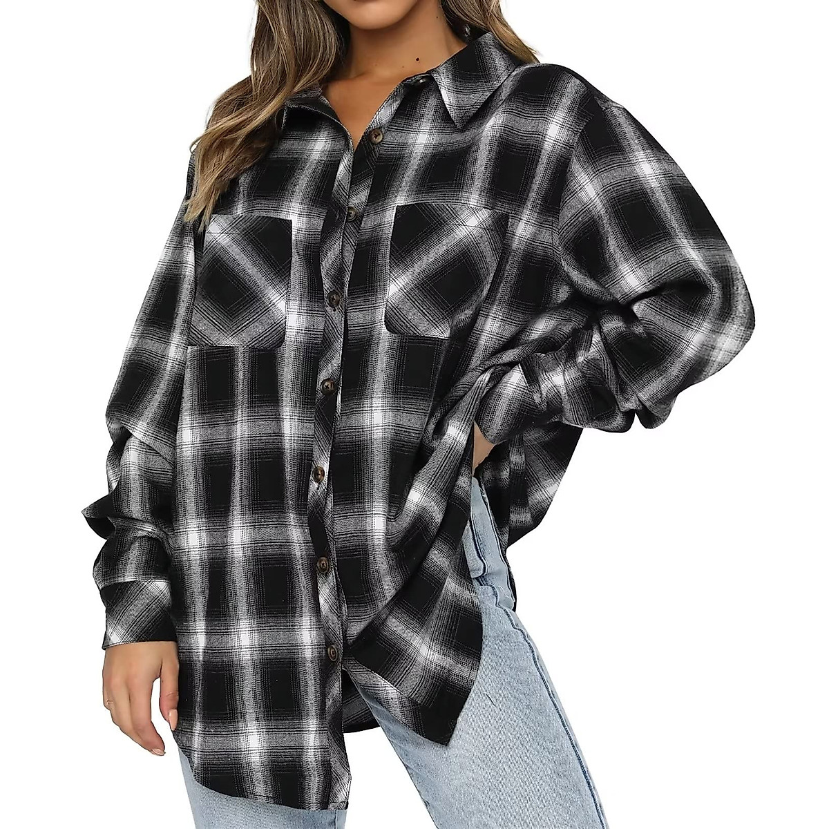 Lacozy Oversized Flannel Long Sleeve Shirts for Women Plaid Shirt Plus Size Casual Button Down Blouse Top Black S
