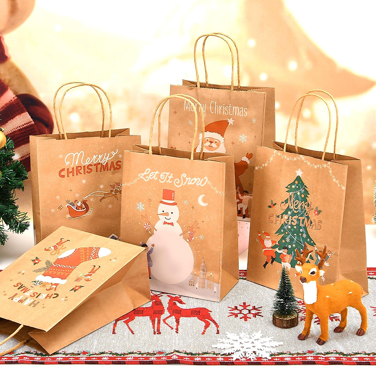 COGLARING 30Pcs Christmas Gift Bags Brown Kraft Paper Bag with Handles Bulk Heavy Duty for Xmas Gifts Holiday Party Favors Treat Goody Bags 7 * 3.8 * 9"