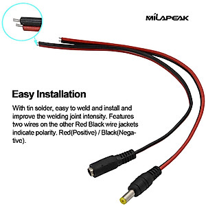 (Real 18AWG 43x2pcs Strands) 10 Pairs DC Power Pigtail Cable 12V 5A Male & Female + 10 Pairs DC Power Jack Plug Adapter barrel Connector for CCTV Home Security Surveillance by MILAPEAK (2.1mm x 5.5mm)