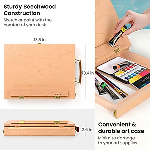 Arteza Tabletop Easel, 13.4 x 10.3 x 2 Inches, Portable Beechwood Easel Box with Single, Open-Compartment Drawer and Wooden Palette, Art Supplies Storage for Professional Artists, Multicolor