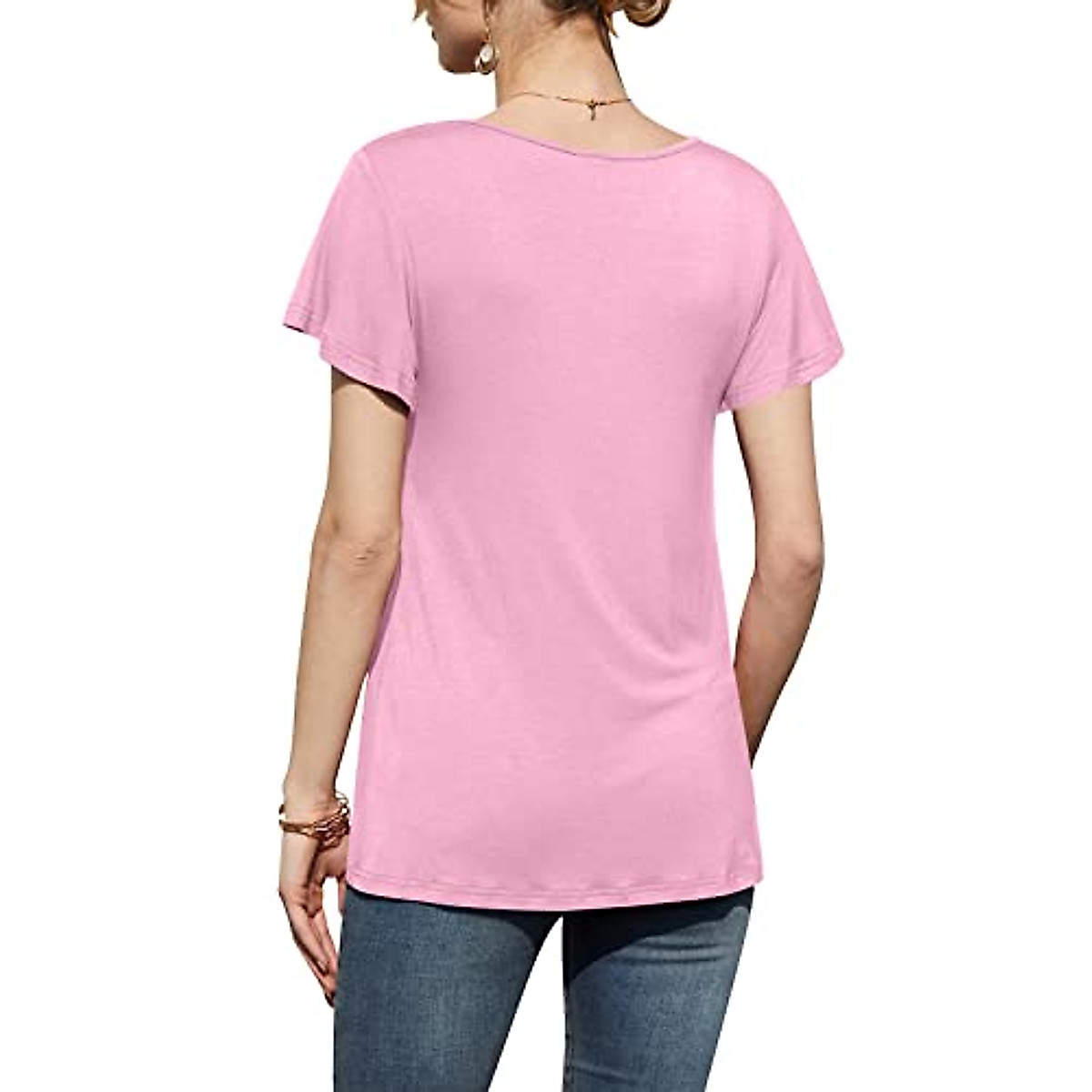 DB MOON Womens 2023 Summer Tops Casual Ruffle Short Sleeve T Shirts Shirred Crewneck Tunic Loose Fit Blouses XL, Pink