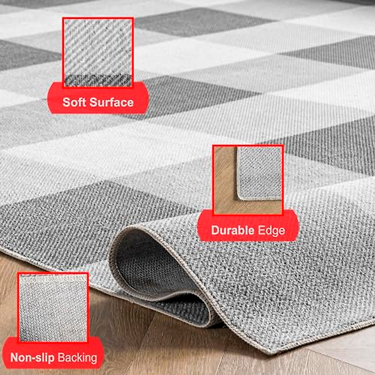 nuLOOM Lucy Machine Washable Farmhouse Buffalo Plaid Ultra Thin Area Rug, 3' x 5', Grey