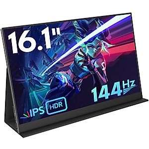 HONGO 16.1'' 144Hz Portable Gaming Monitor for Laptop, 1080P FHD IPS Screen with HDR, 1200:1 FreeSync, Ultra Slim & Eye Care,Travel Monitor External Screen for Laptop, PC, PS5, Mac, Xbox