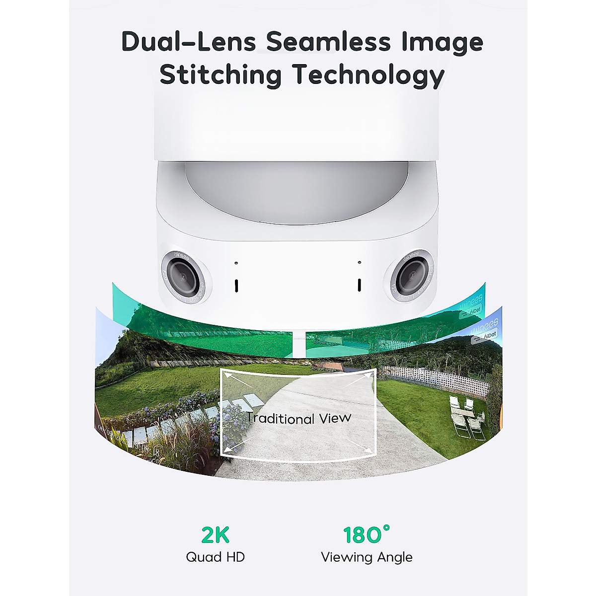 winees Floodlight Camera, Wired 2K HD Dual-Lens Outdoor Security Camera, 180 Degree Panoramic Motion Detection, 3000 Lumens, Color Night Vision, 110dB Siren, 2-Way Audio (White)