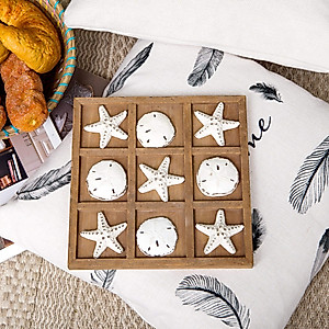 NIKKY HOME Beach Tic Tac Toe for Fun Starfish Sand Dollar Coastal House Coffee Table Decor Wood Board Travel Game, 8.97 by 8.97-in Distressed White