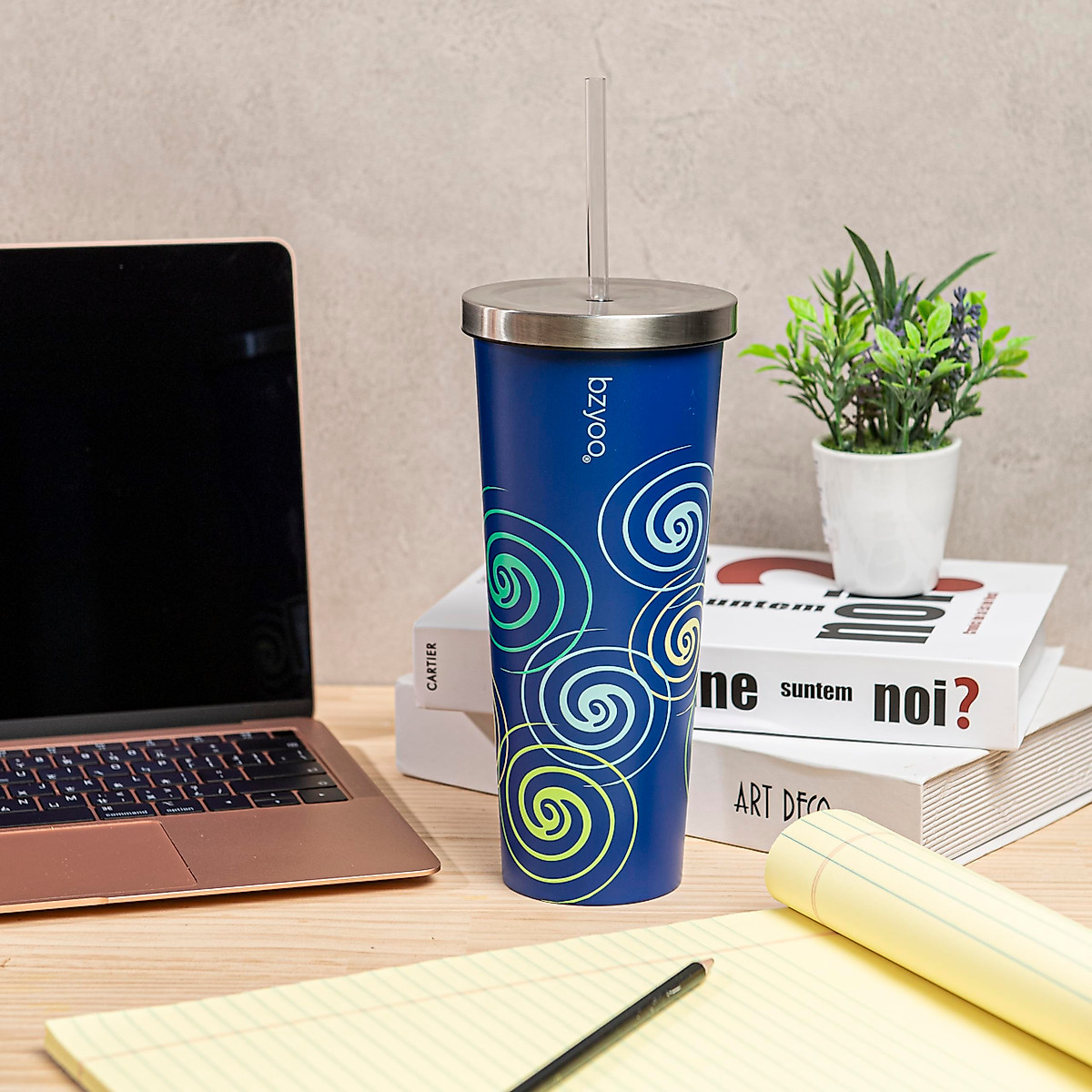 bzyoo SUP Double Wall Vacuum Insulated Tumbler with Straw and Lid Stainless Steel Water Bottle Travel Mug Cup, Mother's Day Gift Perfect For Ice Coffee or Tea (710ml) Color: Blue Swirl