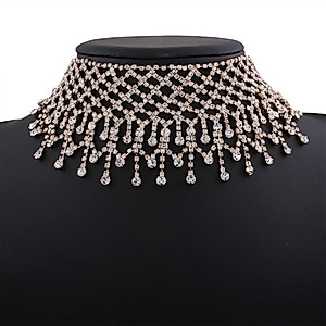 Chamvino Full diamond fashion exaggerated choker Water drop studded diamond tassel choker for Women's and girls gifts（gold/silver）