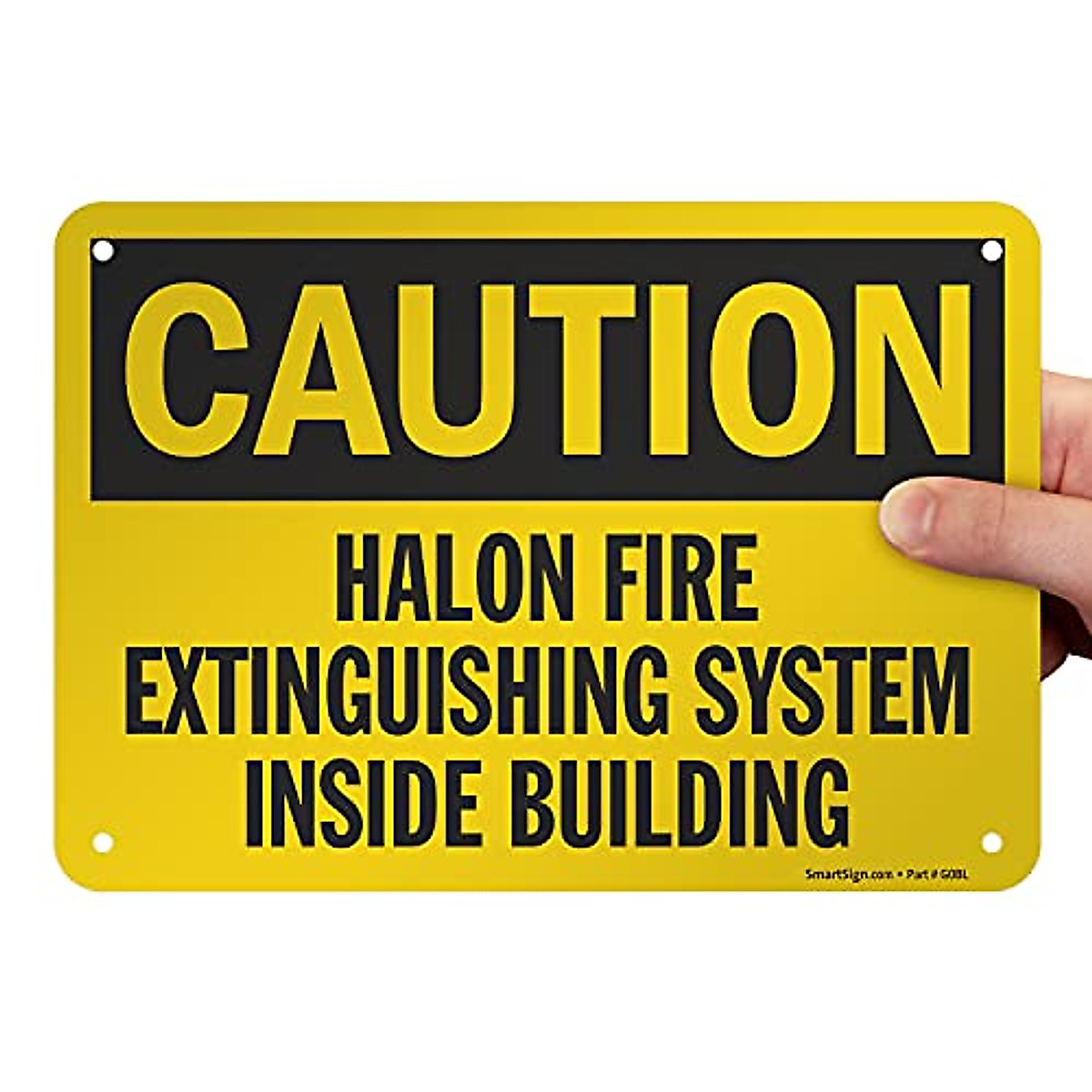 SmartSign 7 x 10 inch “Caution - Halon Fire Extinguishing System Inside Building” OSHA Sign, Digital Printing, 55 mil HDPE Plastic, Black and Yellow