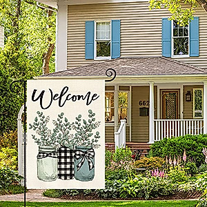 AVOIN colorlife Eucalyptus Mason Jar Spring Summer Garden Flag 12x18 Inch Double Sided Outside, Buffalo Plaid Welcome Yard Outdoor Flag