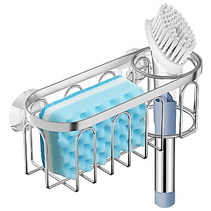Yazoni 2-in-1 Sponge Holder for Kitchen Sink, Suction Cup Rack/Caddy, No Drill Rustproof Organizer for Place Dishwashing Brush Soap (Silver)