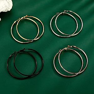 4 Pairs Big Hoop Earrings for Women, 316L Stainless Steel Hypoallergenic Hoop Earrings Silver Plated 14K Gold Plated Rose Gold Plated Black Gold Plated Earrings Set(60mm)