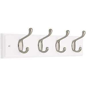 18-Inch Hook Rail/Coat Rack with 4 Heavy Duty Coat and Hat Hooks, White and Satin Nickel, Packaging May Vary