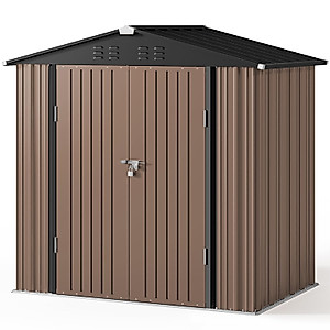 Gizoon Outdoor Storage Shed 6 x 4 FT, Galvanized Metal Garden Shed with Double Lockable Doors, Outdoor Storage Clearance for Backyard Patio Lawn-Light Brown