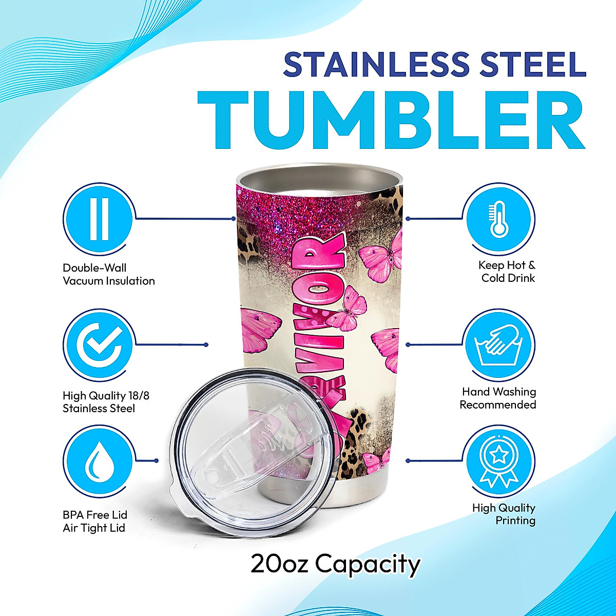 Hyturtle Personalized Breast Cancer Awareness Gifts For Women - Custom Name Stainless Steel Tumbler Coffee 20 oz With Lid - Breast Cancer Survivor Gifts For Friend, Mom On Awareness Month, Christmas