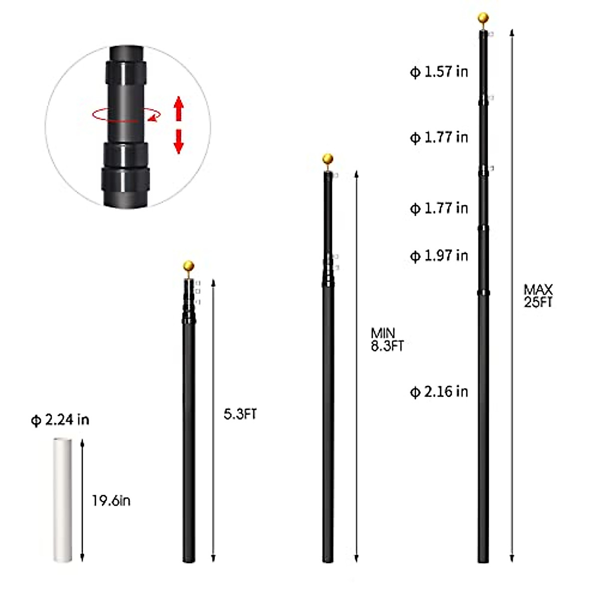 AKTOP 25FT Telescoping Flag Pole Kit, Black Extra Thick Heavy Duty Aluminum Flagpole Fly 2 Flags, Inground Telescopic Flag Poles with 1 USA Flag & 2 Balls Top for Yard, Residential or Commercial