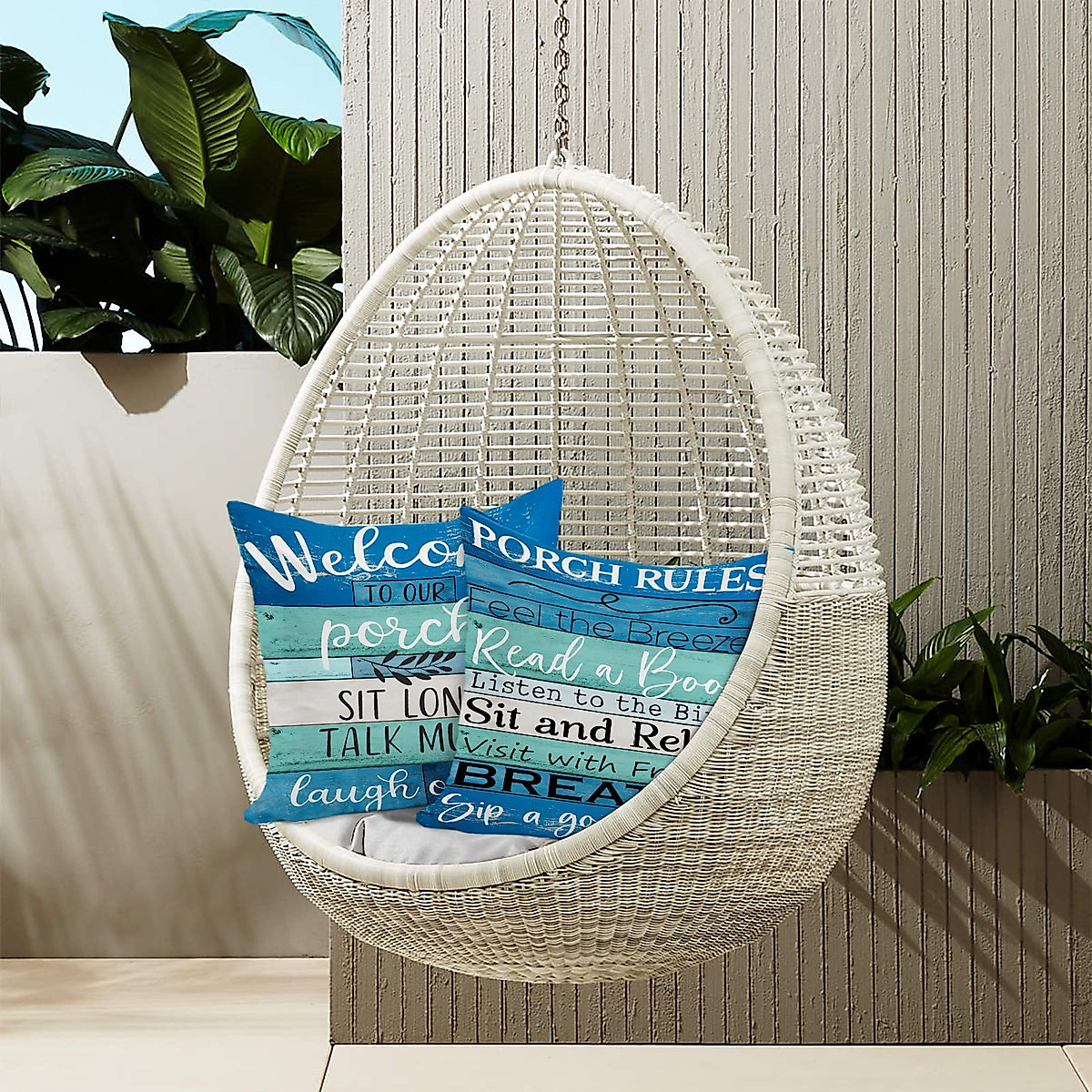 Jartinle Coastal Stripe Outdoor Pillows Covers 18x18 for Patio Furniture Waterproof, Welcome to Our Porch Throw Pillow Covers Square Linen for Couch Outside Bench Set of 2