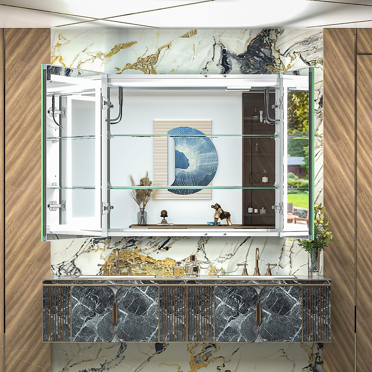 TokeShimi 40x32 Surface Mount Medicine Cabinet Mirror with Electrical Outlet, Frontlit Anti-Fog 3 Colors Temperature Dimmable Surface or Recessed Mount for Bathroom Vanity and Modern