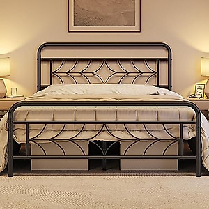 Topeakmart Queen Bed Frames Metal Platform Bed with Sparkling Star-Inspired Design Headboard and Footboard/13 Inch Underbed Storage/No Box Spring Needed/Sturdy Slat Support, Black Queen Bed