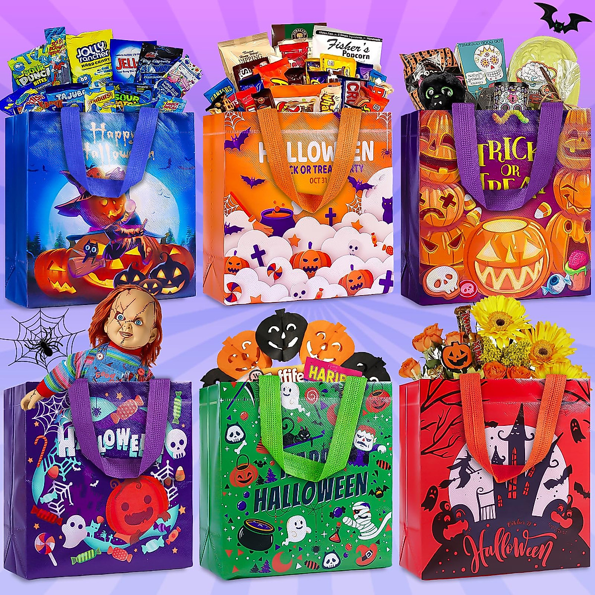 Happy Halloween Trick or Treat Bags Pumpkin Ghost Witch Gift Bags, Halloween Candy Tote Bags with Handles for Kids, Non-Woven Halloween Bags for Gifts Wrapping, Party Supplies, 9.1×8.7×4.5inch,6-Piece