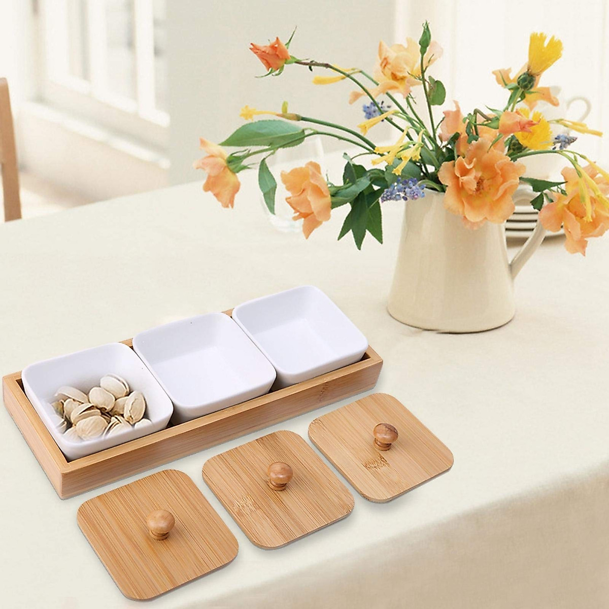 Ceramic Snack Serving Tray Compartment Serving Platter with Bamboo Lid and Pallets Removable Container Food Storage for Appetizer Condiments Nuts(3 Grid)