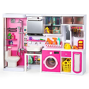 TEMI 4-in-1 Mini Bathroom Playset with Lights & Sounds, Pink Play Dressing Table Toy Set, Furniture, Bathroom Accessories, Pretend Role Play Toys for Boys Girls
