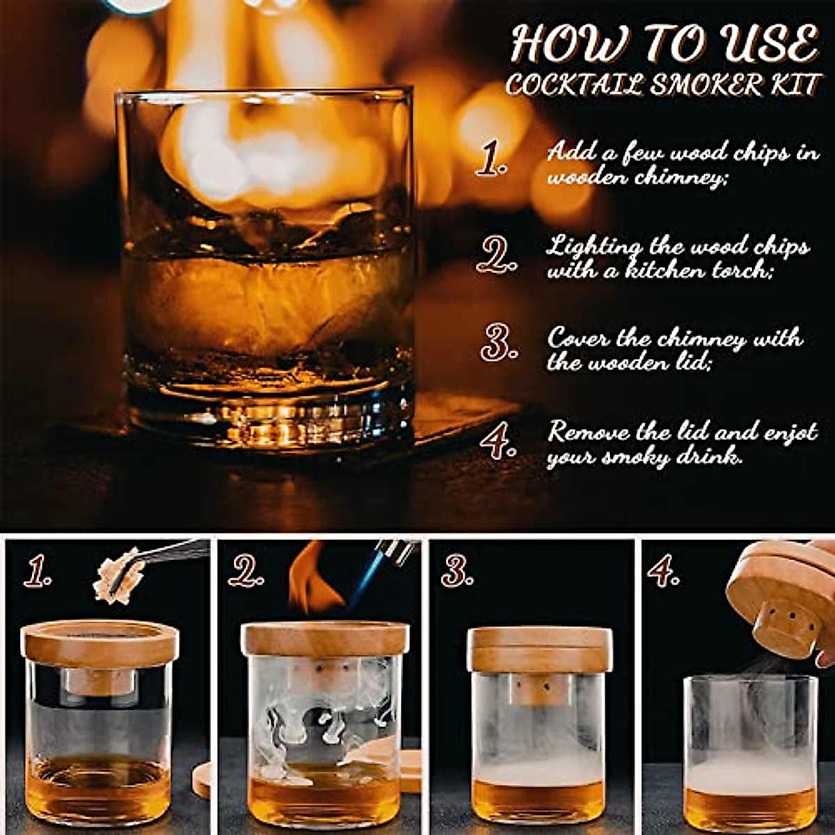 Cocktail Smoker, Saudoli Cocktail Smoker Kit with Wood Chips for Whiskey,Drink,Bourbon Smoker Kit,Old Fashioned Smoker Kit