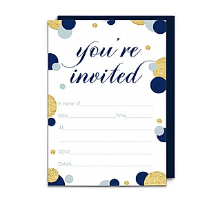 Navy and Gold Invitations with Envelopes (15 Pack) All Occasion Invites for Boys Baby Shower, Graduation, Birthday, Retirement, Luncheon – Royal Theme Abstract Dot – Blank 4x6 Card Set Printed
