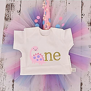 Gouldianfinch Infant Baby Girls 1st Birthday Outfits Dinosaur Printed Romper + Tutu Skirt with Tail Toddler Princess Dress (12-18M)