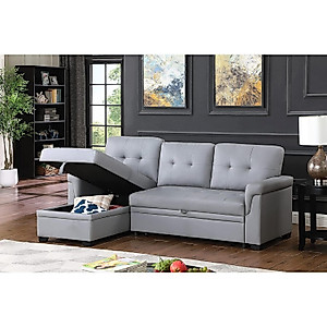 HomeStock Rustic Romance Synthetic Leather Upholstered Modern Sleeper Sectional Sofa with Storage Chaise, L-Shaped Living Room Sectional Couch with Tufting Black