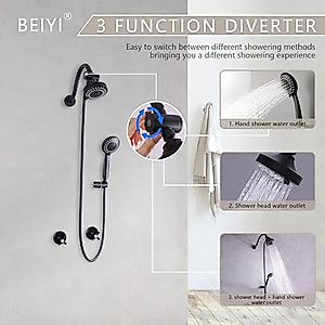 BEIYI 2 Handle Shower Faucet Set, Matte Black 5 Mode Shower Faucet Sets Complete Two Handle Shower Head and Handle Set Bathroom Shower Trim Kit with Rough-in Valve