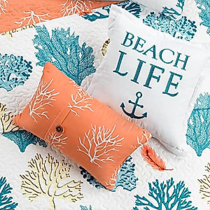 Lush Decor Coastal Reef Feather Reversible Quilt Set, 5 Piece Set, Twin/ Twin XL, Blue & Coral - Beach Bedding Set - Coastal Twinxl Quilt Sets - Tropical Beach House Decor For Kids Or Teen's Dorm Room
