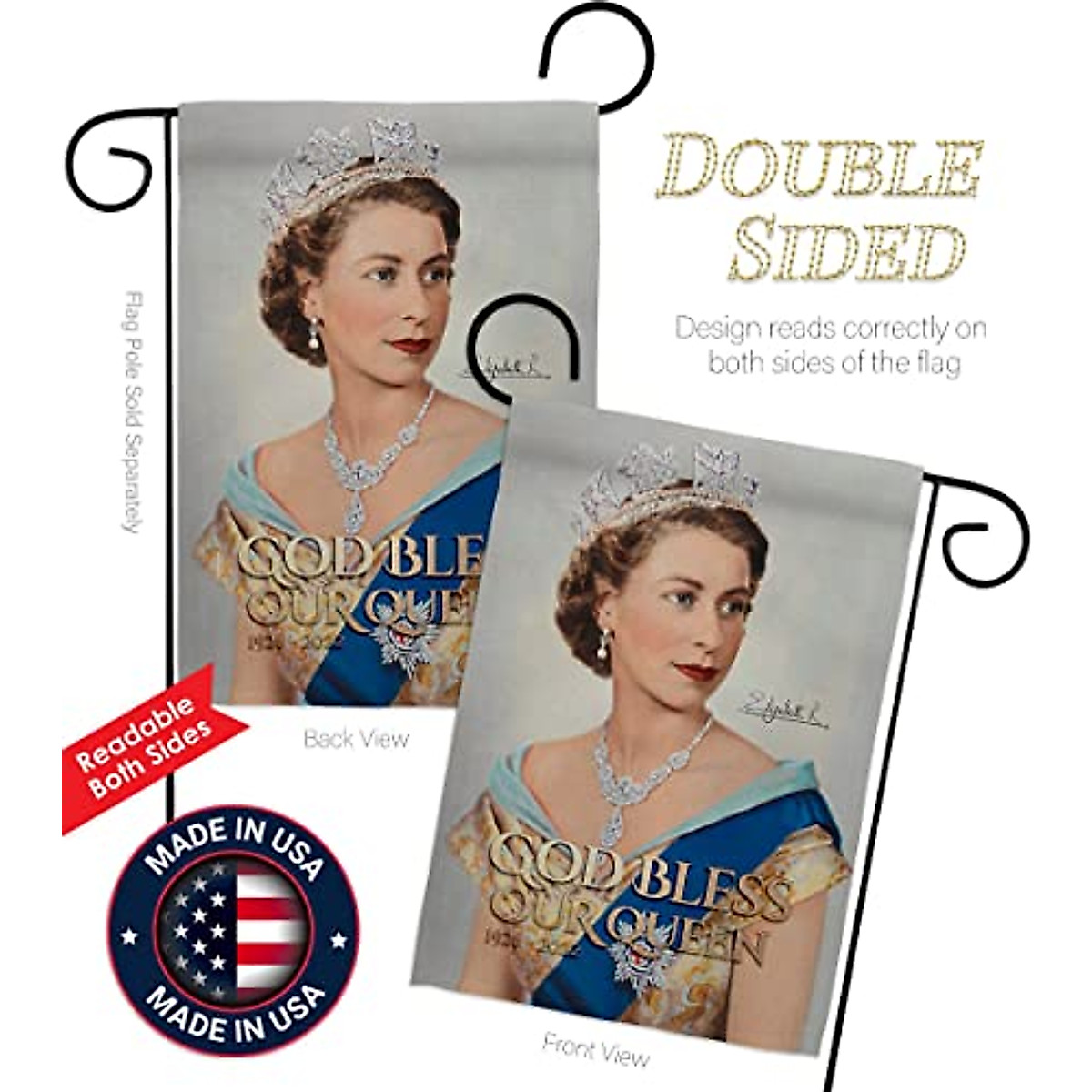 Queen Elizabeth II Flag Set Wood Dowel Sweet Life Sympathy Remembrance Memorial Bereavement Love Support Emotion Postive - House Banner Small Yard Gift Double-Sided 13 X 18.5