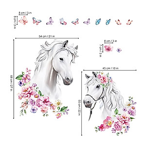 decalmile White Horse Flower Wall Decals Farm Animal Floral Butterfly Wall Stickers Baby Nursery Bedroom Living Room Wall Decor
