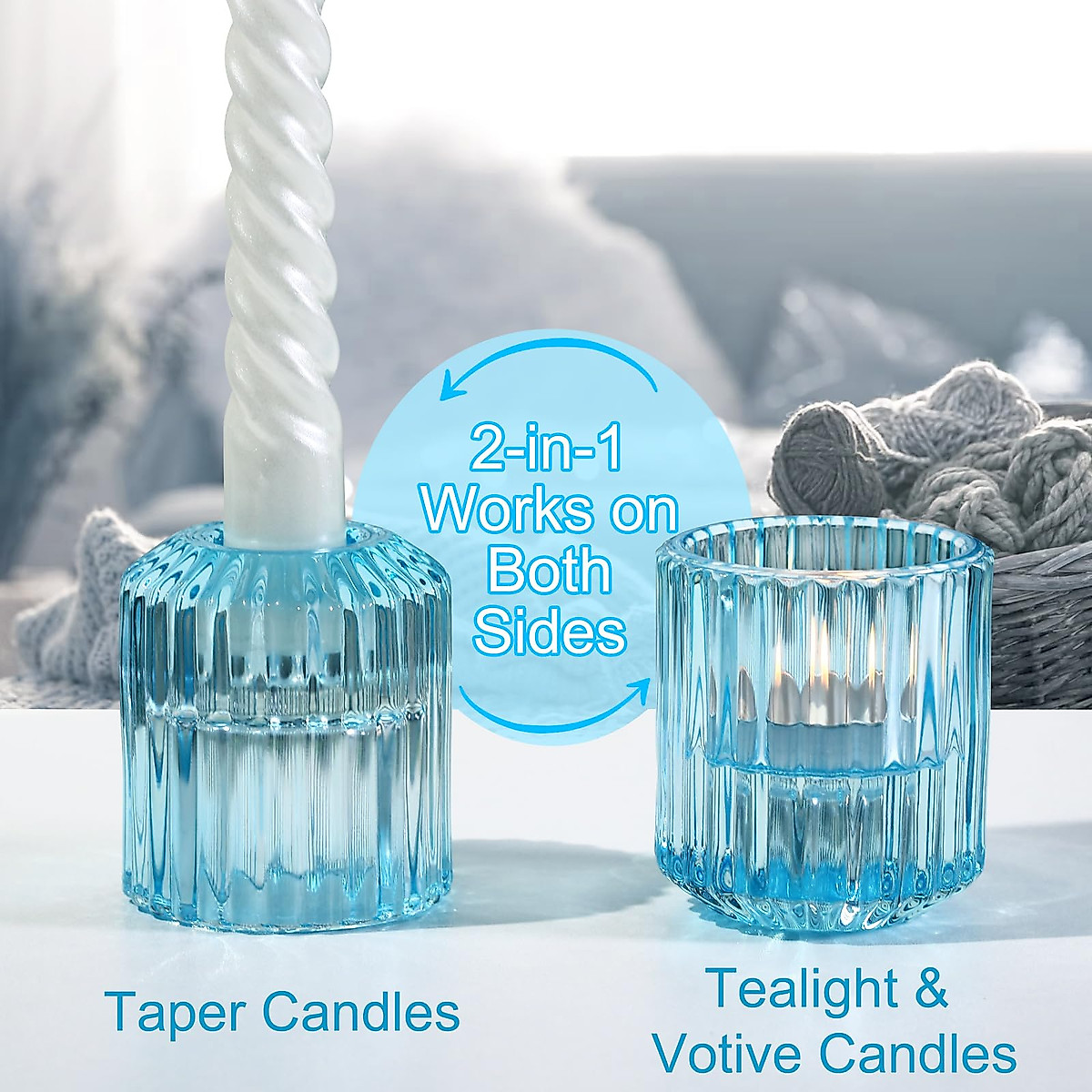 12pcs Candlestick Holders, Blue Glass Taper Candle Holders Candle Holders for Taper Candles, Pillar Candle, Tealight, Votive Candle Holders for Centerpiece Table Decorations
