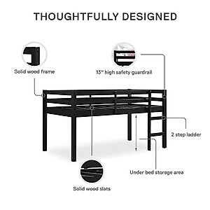 DHP Milton Twin Loft Bed with Safety Guard Rail, Black, Space Saving Junior Size, Pine Wood