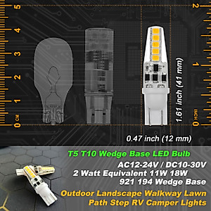 Hylroe T10 Wedge Base Landscape 194 921 LED Light Bulb 2700K Warm White 3W Equivalent 15W 20W Low Voltage AC/DC12V-24V T5 LED Bulb for Landsacpe Garden Deck RV Camper Marine Boat Dome Lighting, 8 Pack