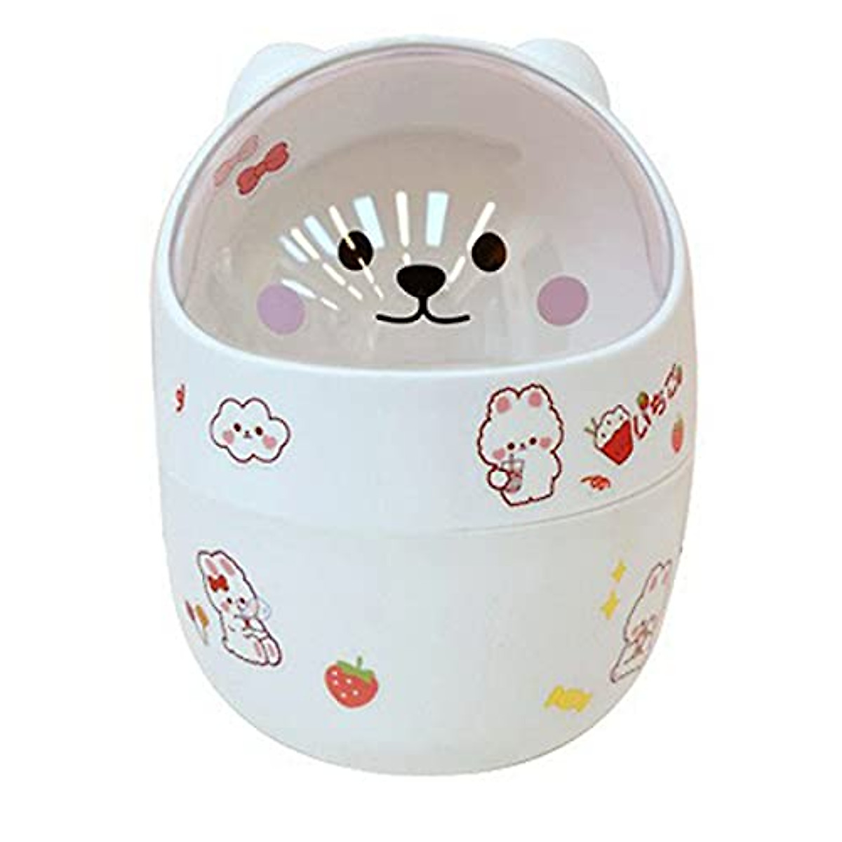 Storage Bucket Desktop with Lid Trash Can Mini Kawaii Cute Bear Trash Bin Storage Box Girl Pen Holder Storage Bucket with Top - White