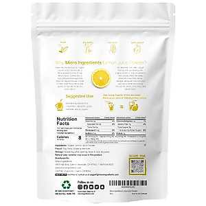 Organic Lemon Juice powder, 10 Ounce | 100% Natural Fruit Powder | Cold Pressed Lemons Source | No Sugar & Additives | Great Flavor for Drinks, Smoothie, & Beverages | Non-GMO & Vegan Friendly