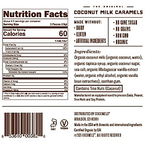 Cocomels Coconut Milk Caramels With Coconut Sugar, Organic Candy, Dairy Free, Sugar Free, Vegan, Gluten Free, Non-GMO, No Cane Sugar, No High Fructose Corn Syrup, Kosher, Plant Based, (3 Pack)