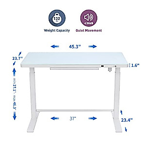 FARRAY Electric Glass Standing Desk with Drawer, 45 x 24 Inch Adjustable Height Desk with Power Strip & USB Ports, White Stand Up Desk, Sit Stand Desk Glass Top