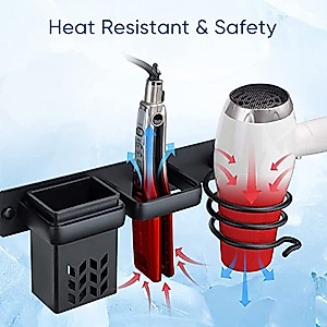 DELITON Hair Dryer Holder Wall Mount - Blow Dryer Holder, Hair Dryer Rack & Hair Styling Care Tool Organizer - Storage Basket with Plug Hook, Black