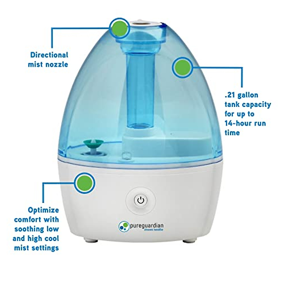 Pure Guardian H910BL Ultrasonic Cool Mist Humidifier, 14 Hrs. Run Time, 210 Sq. Ft. Coverage, Small Rooms, Quiet, Filter Free