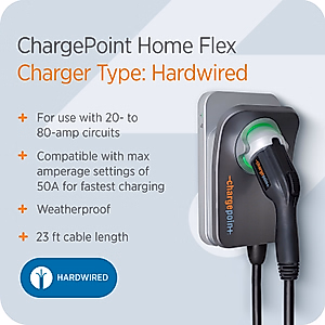 ChargePoint Home Flex Electric Vehicle (EV) Charger, 16 to 50 Amp, 240V, Level 2 WiFi Enabled EVSE, UL Listed, ENERGY STAR, NEMA 14-50 Plug or Hardwired, Indoor / Outdoor, 23-foot cable , Black