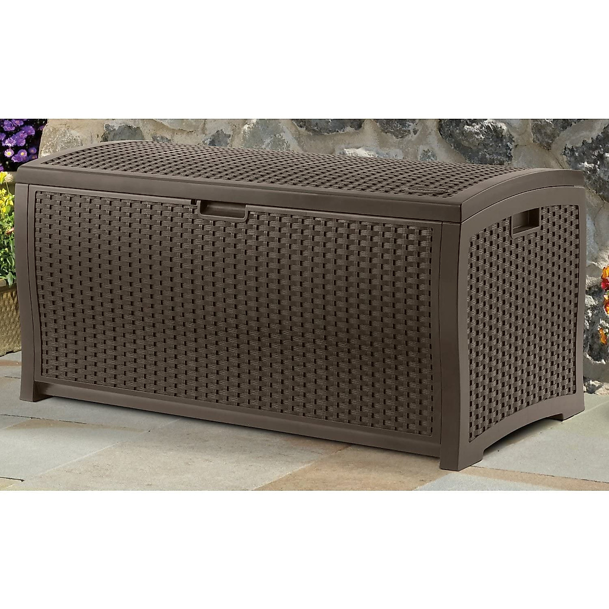 Suncast Trash Hideaway Outdoor Garbage Bin & 99 Gallon Deck Box w/ Seat, Java