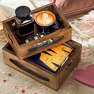 Okllen Set of 2 Wooden Nesting Countertop Baskets, Decorative Wood Storage Box Farmhouse Rustic Crate with Cutout Handles for Bread, Fruit, Vegetables, Kitchen, Bathroom, Pantry Supplies, Brown