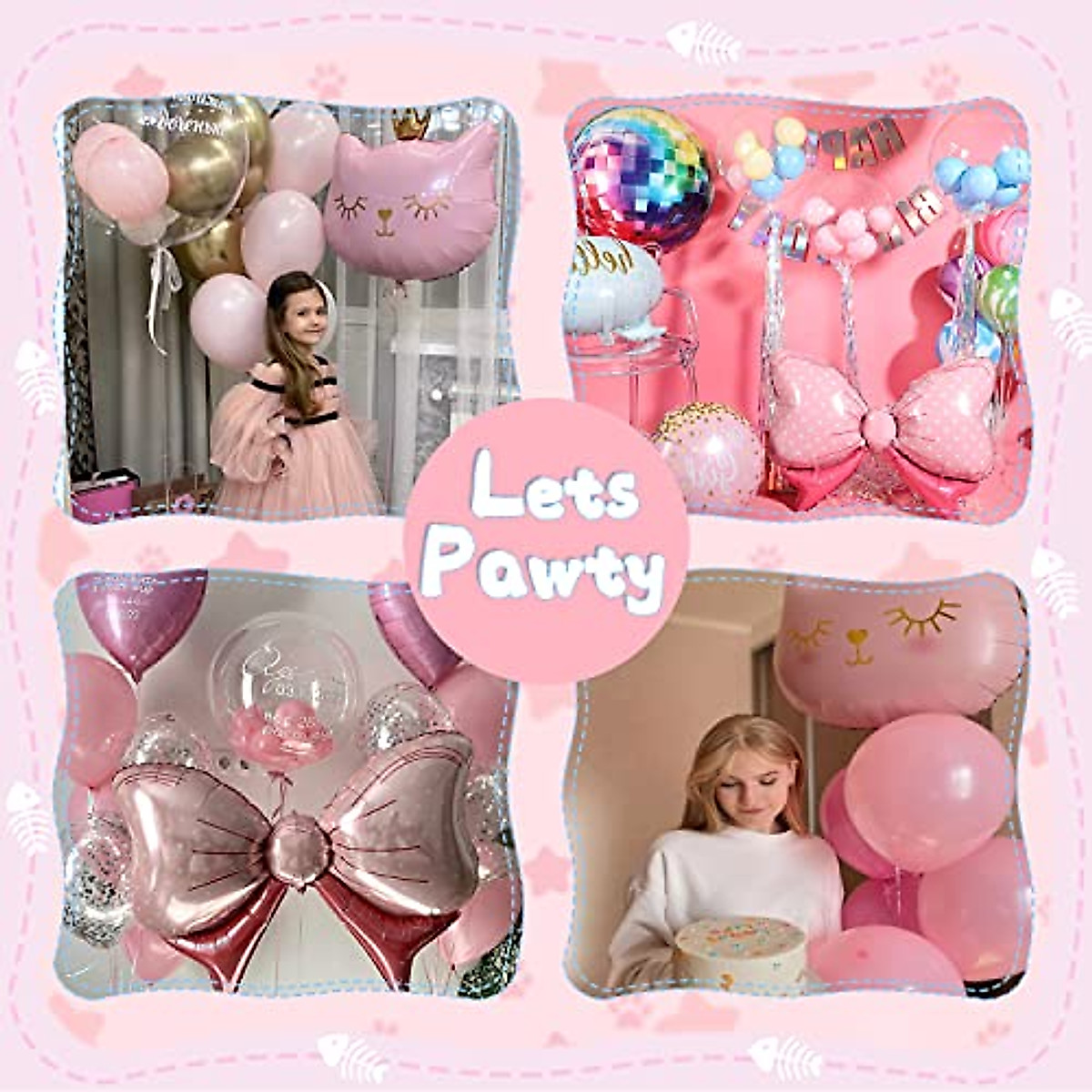 BlingABC Pink Cat Balloons 5Pcs, Large 20Inch Crown Kitty Cat with 30Inch Pink Bow Balloons for Girls Kitten Animal Themed Baby Shower Birthday Decoration Party Supplies