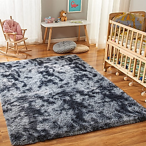 YQQRIGRO 9x12 Ft Rugs for Bedroom, Tie-Dyed Dark Grey Super Soft Shaggy Fluffy Carpets, Indoor Modern Plush Area Rugs for Living Room Dorm Kids Room, Fuzzy Non-Slip Rugs for Boys Girls